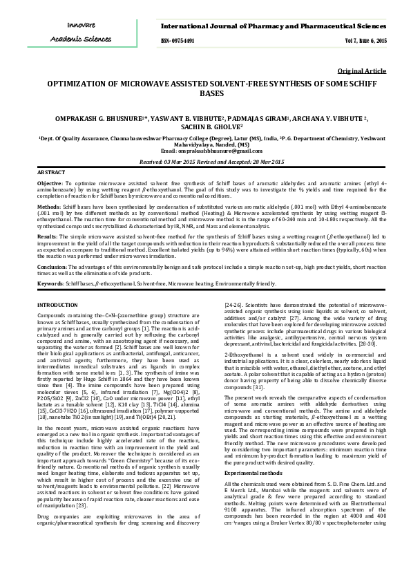 (PDF) OPTIMIZATION OF MICROWAVE ASSISTED SOLVENT-FREE SYNTHESIS OF SOME SCHIFF BASES Original ...