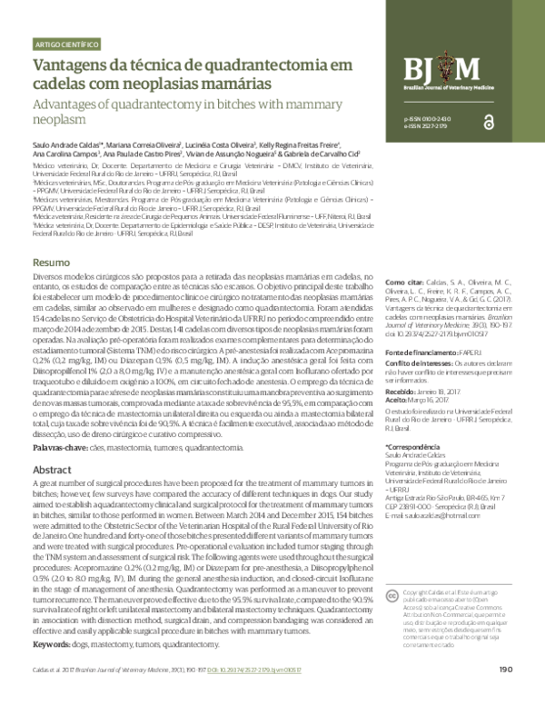 (PDF) Vantagens da técnica de quadrantectomia em cadelas com neoplasias mamárias