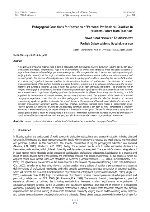 (PDF) Pedagogical Conditions for Formation of Personal Professional Qualities in Students-Future ...