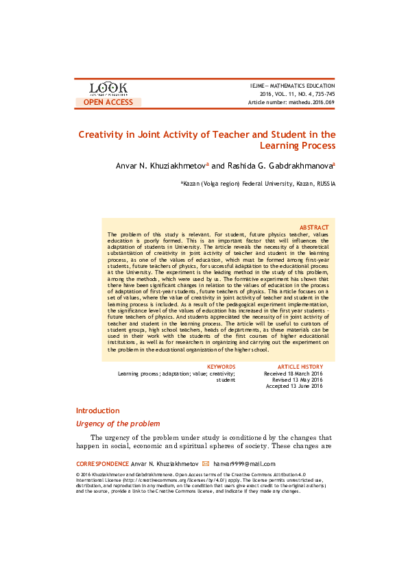 (PDF) Creativity in Joint Activity of Teacher and Student in the ...