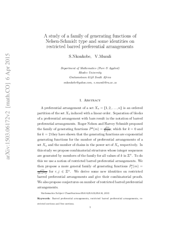 (PDF) A study of a family of generating functions of Nelsen–Schmidt ...