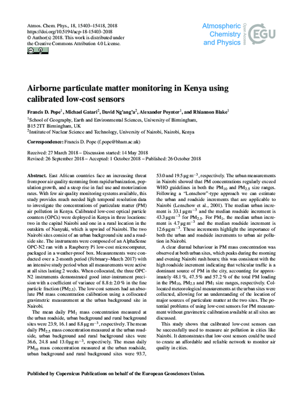 (PDF) Airborne particulate matter monitoring in Kenya using calibrated low-cost sensors ...