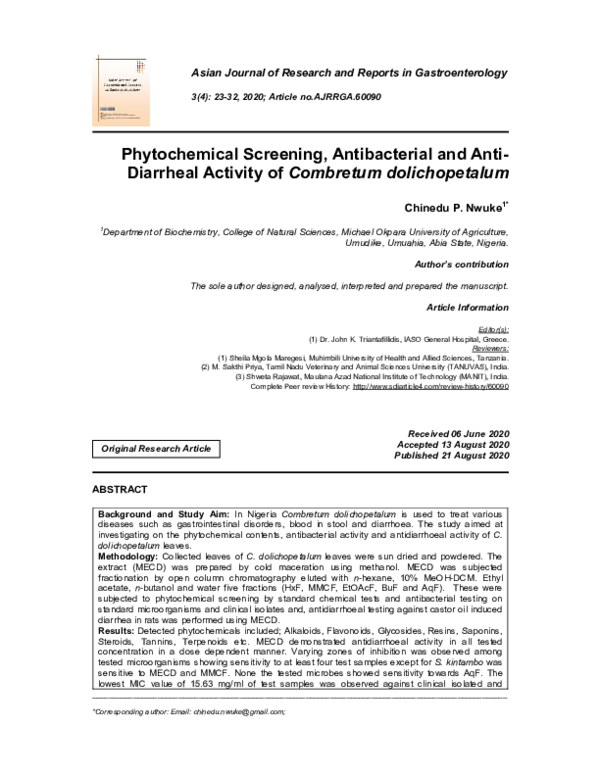 (PDF) Phytochemical Screening, Antibacterial and Anti-Diarrheal Activity of Combretum dolichopetalum