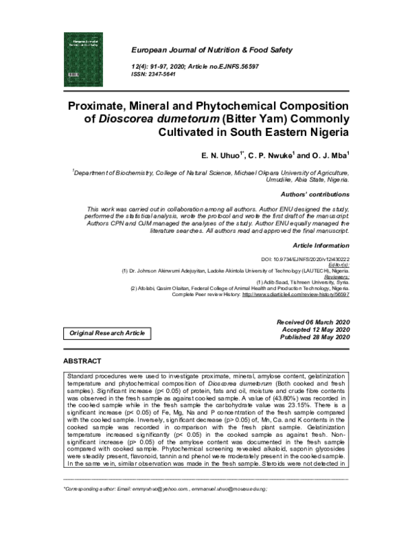 (PDF) Proximate, Mineral and Phytochemical Composition of Dioscorea dumetorum (Bitter Yam ...