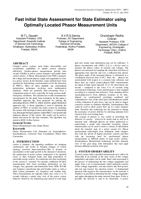 (PDF) Fast Initial State Assessment for State Estimator using Optimally ...