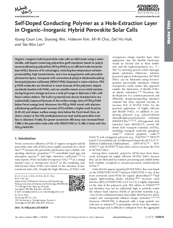 (PDF) Self‐Doped Conducting Polymer as a Hole‐Extraction Layer in ...