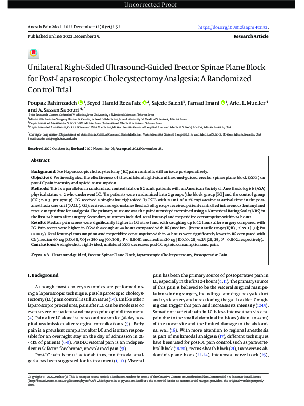 (PDF) Unilateral Right-Sided Ultrasound-Guided Erector Spinae Plane ...