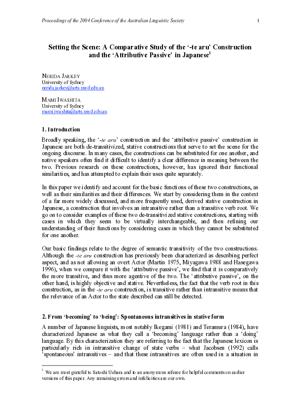 (PDF) Setting the Scene: A Comparative Study of the '-te aru' Construction and the Attributive ...