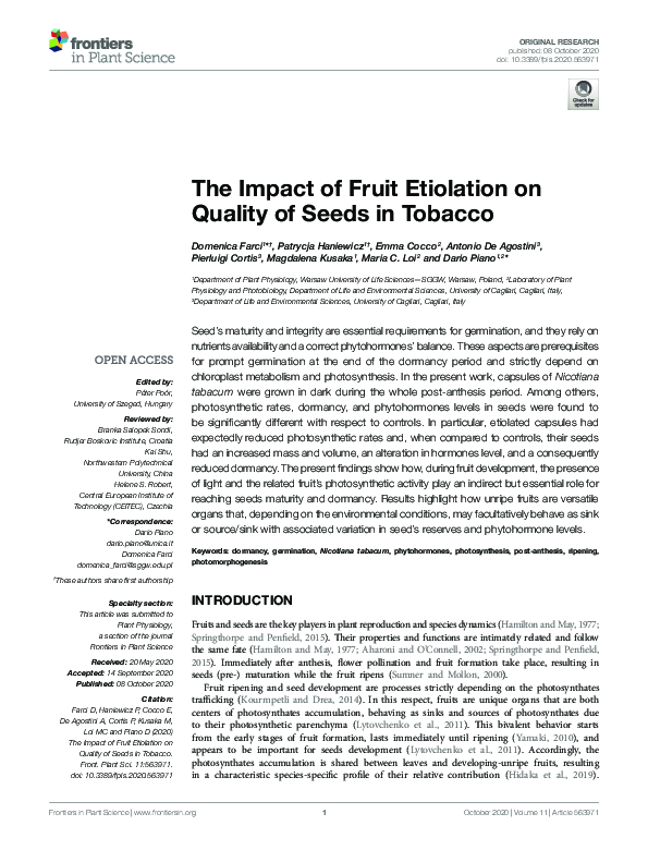 (PDF) The Impact of Fruit Etiolation on Quality of Seeds in Tobacco