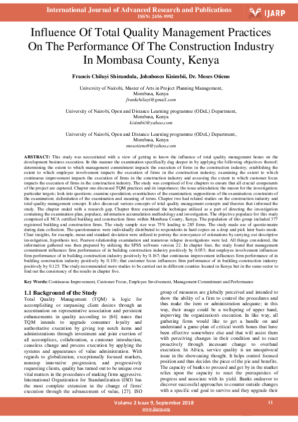 (PDF) Influence Of Total Quality Management Practices On The Performance Of The Construction ...