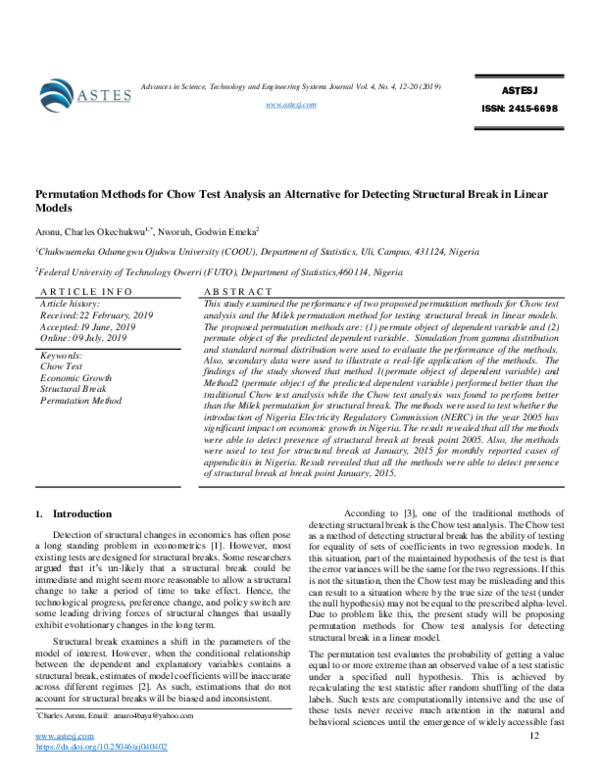 Pdf Permutation Methods For Chow Test Analysis An Alternative For Detecting Structural Break