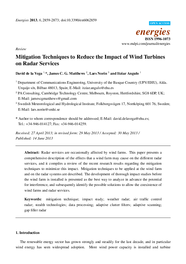 (PDF) Mitigation Techniques to Reduce the Impact of Wind Turbines on Radar Services