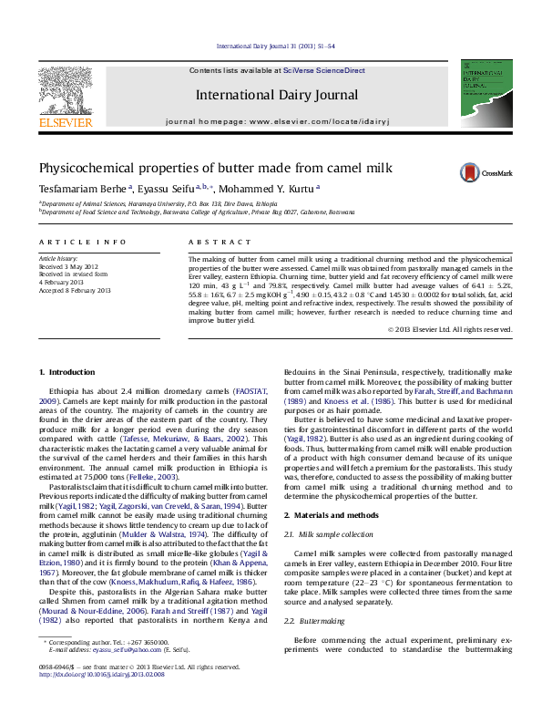 (PDF) Physicochemical properties of butter made from camel milk