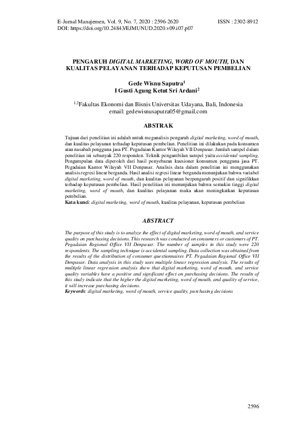 (PDF) PENGARUH DIGITAL MARKETING, WORD OF MOUTH, DAN KUALITAS PELAYANAN TERHADAP KEPUTUSAN PEMBELIAN