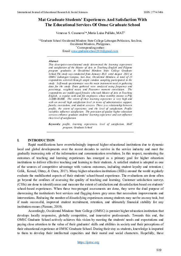 (PDF) Mat Graduate Students' Experiences And Satisfaction With The ...