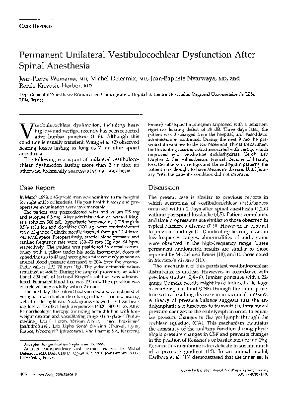 (PDF) Permanent Unilateral Vestibulocochlear Dysfunction After Spinal ...