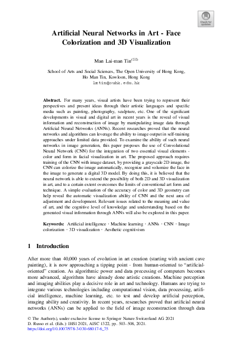 (PDF) Artificial Neural Networks in Art - Face Colorization and 3D Visualization | Man Tin ...