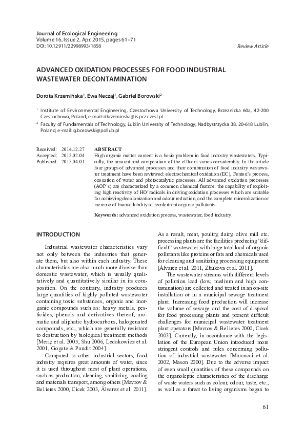 (PDF) Advanced Oxidation Processes for Food Industrial Wastewater ...