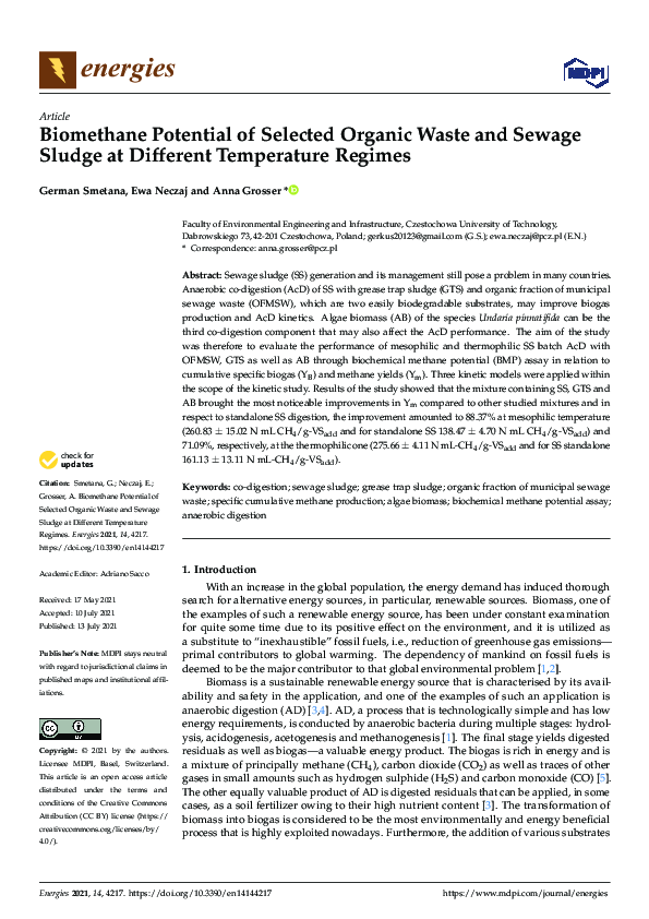 (PDF) Biomethane Potential of Selected Organic Waste and Sewage Sludge at Different Temperature ...