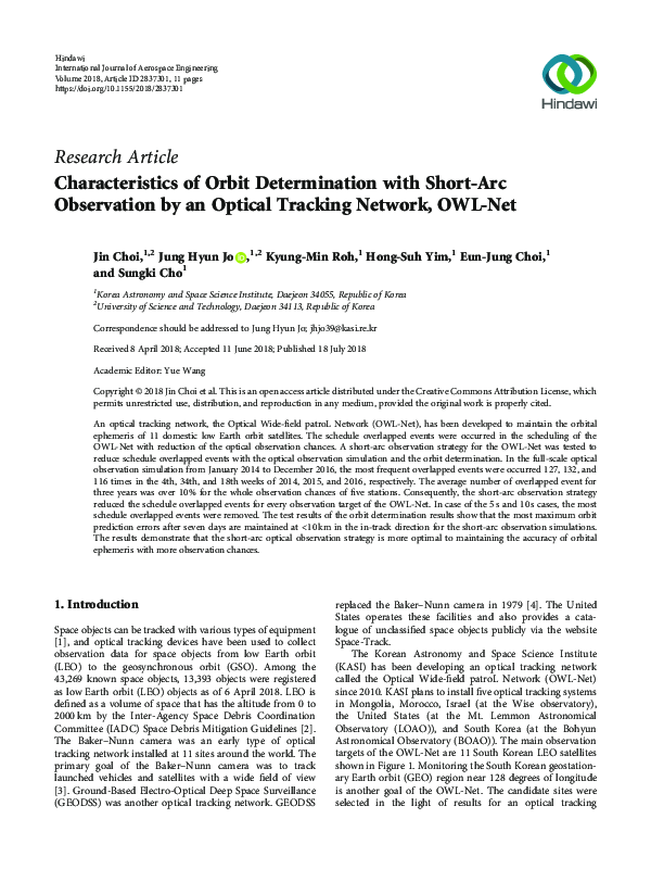 (PDF) Characteristics of Orbit Determination with Short-Arc Observation by an Optical Tracking ...