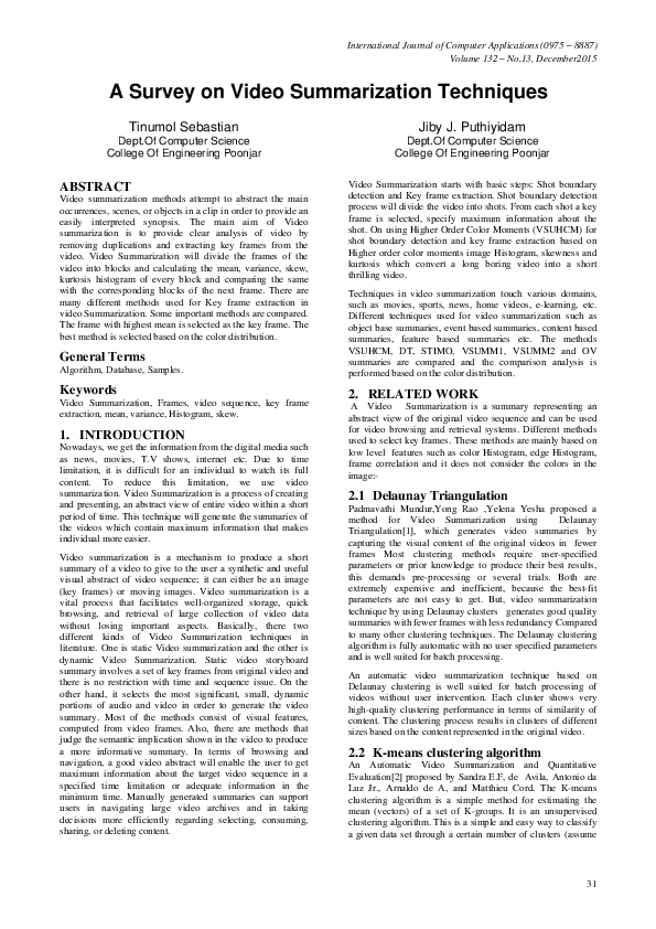 Pdf A Survey On Video Summarization Techniques