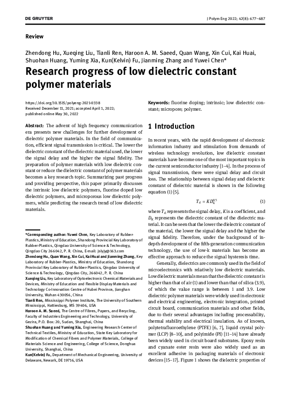 (PDF) Research progress of low dielectric constant polymer materials