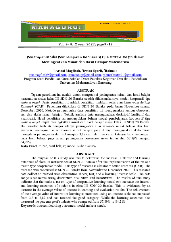 (PDF) Penerapan Model Pembelajaran Kooperatif tipe Make a Match dalam Meningkatkan Minat dan ...