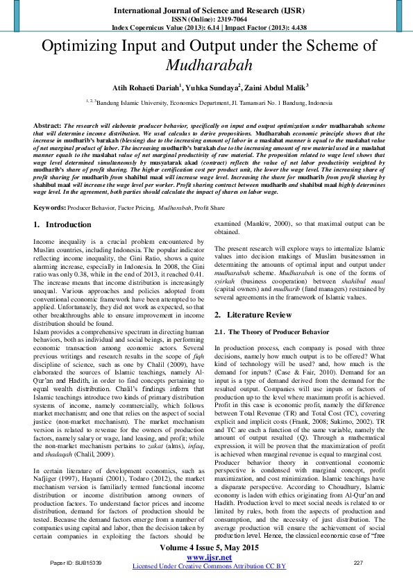 Pdf Optimizing Input And Output Under The Scheme Of Mudharabah