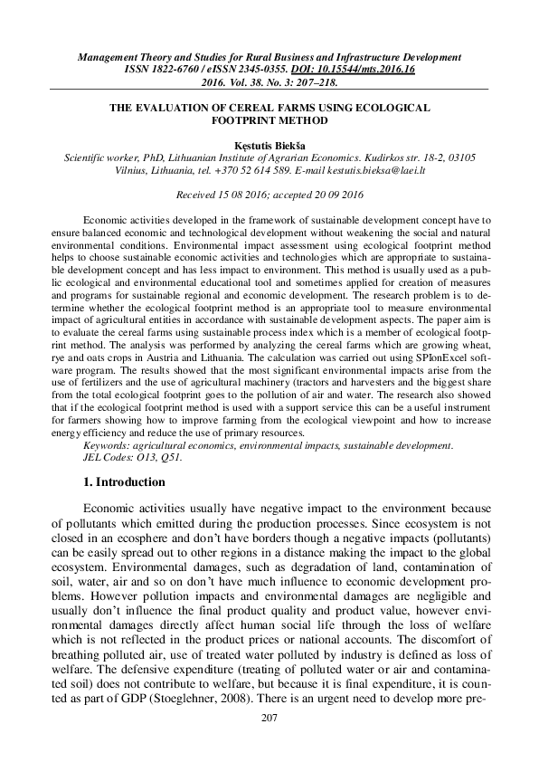 (PDF) The Evaluation of Cereal Farms Using Ecological Footprint Method