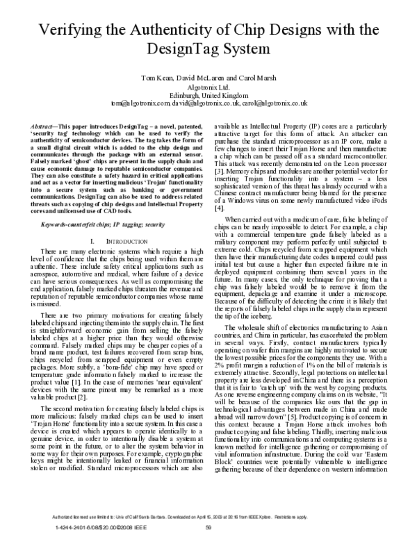 (PDF) Verifying the authenticity of chip designs with the DesignTag system | Carol Marsh ...