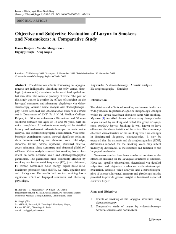 (PDF) Objective and Subjective Evaluation of Larynx in Smokers and ...