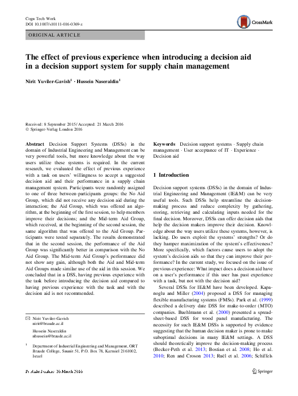 (PDF) The effect of previous experience when introducing a decision aid ...