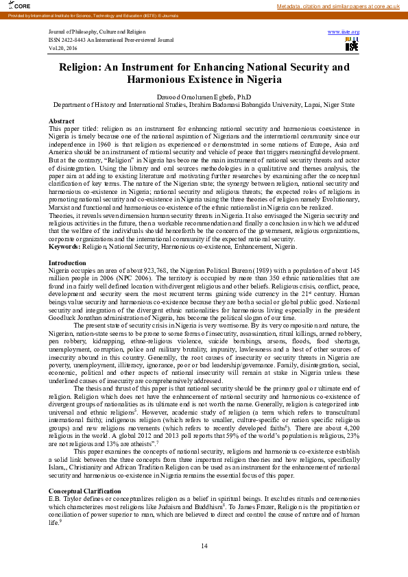 (PDF) Religion: An Instrument for Enhancing National Security and ...
