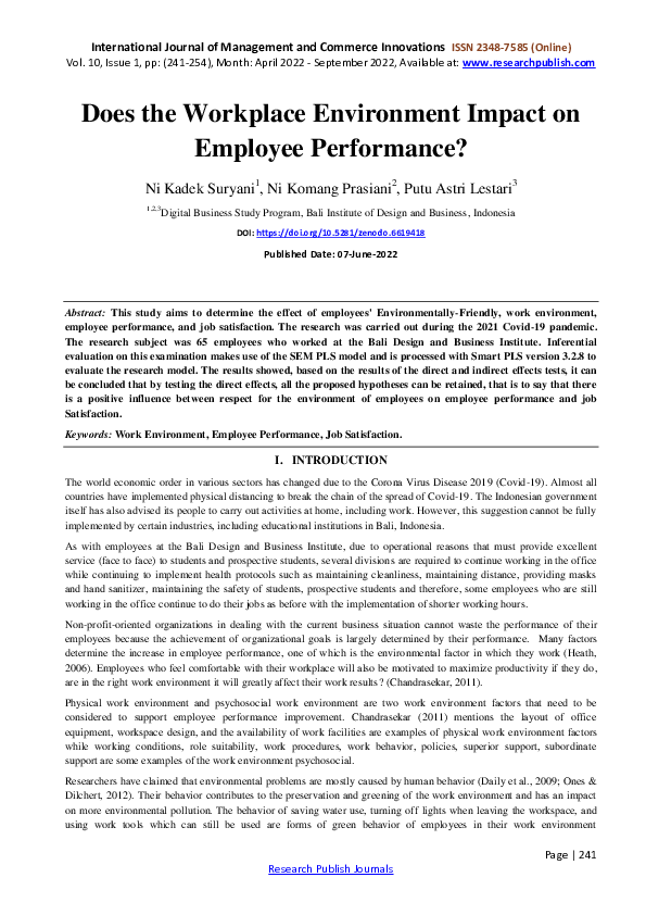(PDF) Does the Workplace Environment Impact on Employee Performance?