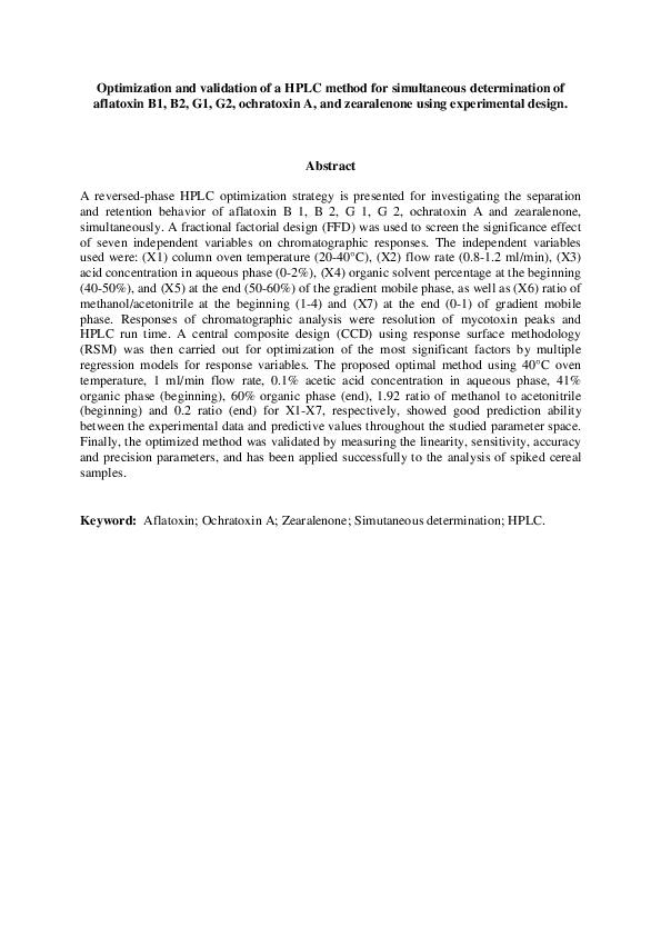 Pdf Optimization And Validation Of A Hplc Method For Simultaneous Determination Of Aflatoxin