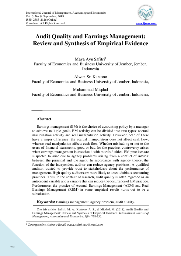 (PDF) Audit Quality and Earnings Management: Review and Synthesis of Empirical Evidence