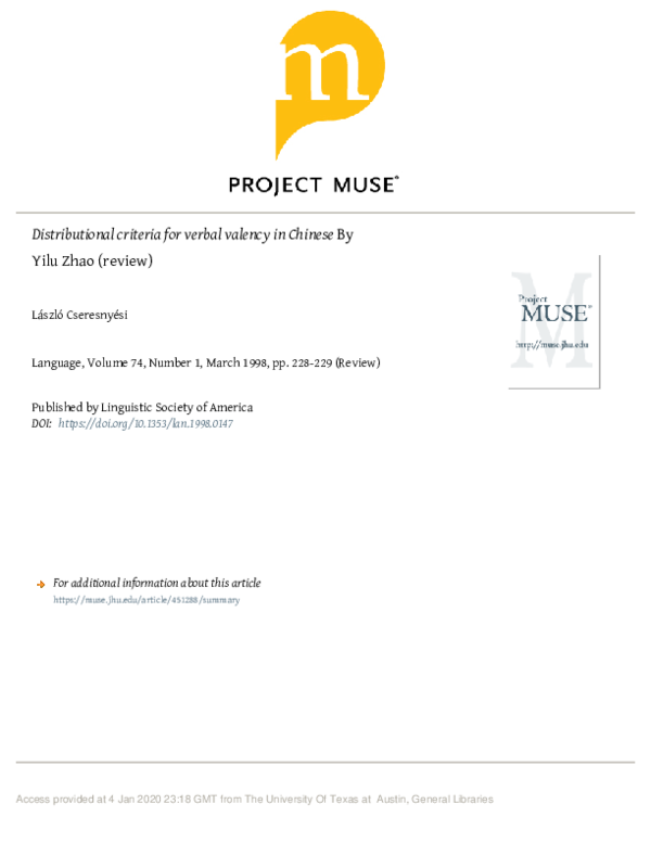 (PDF) Distributional criteria for verbal valency in Chinese By Yilu Zhao