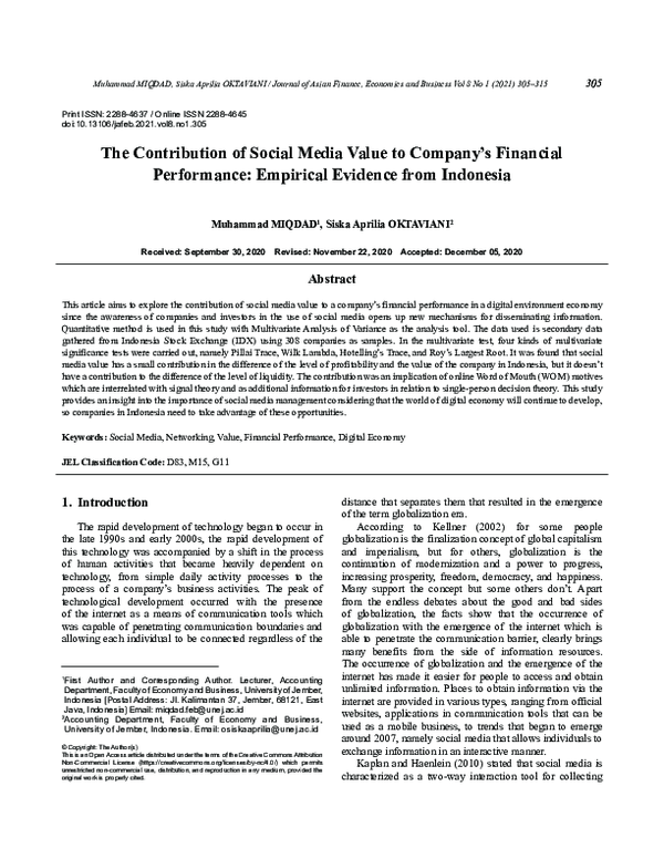 (PDF) The Contribution of Social Media Value to Company's Financial Performance: Empirical ...