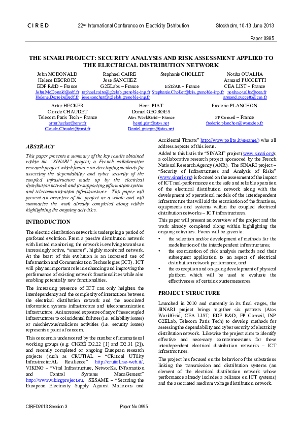 (PDF) The SINARI project: security analysis and risk assessment applied to the electrical ...