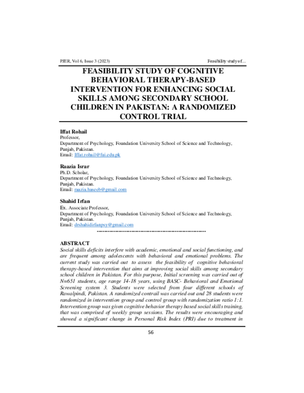 (PDF) Feasibility Study of Cognitive Behavioral Therapy-Based Intervention for Enhancing Social ...