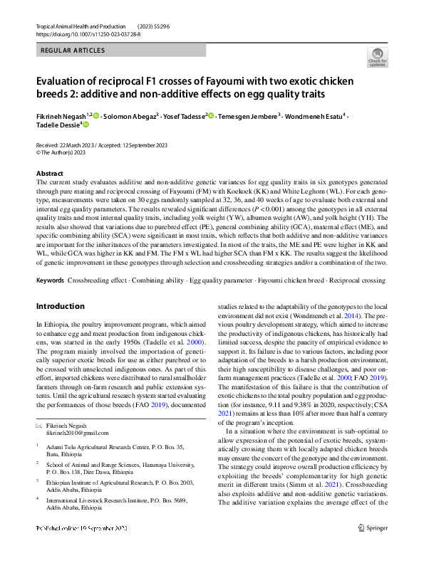 (PDF) Evaluation of reciprocal F1 crosses of Fayoumi with two exotic ...