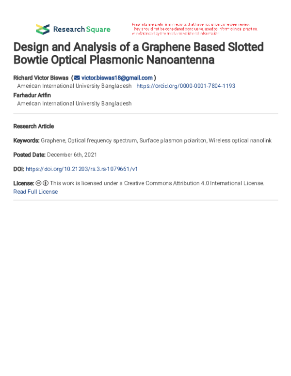 (PDF) Design and Analysis of a Graphene Based Slotted Bowtie Optical Plasmonic Nanoantenna ...