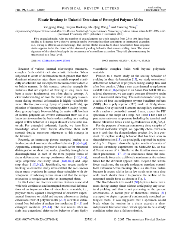 (PDF) Elastic Breakup in Uniaxial Extension of Entangled Polymer Melts
