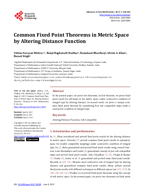 (PDF) Common Fixed Point Theorems in Metric Space by Altering Distance Function | balaji wadkar ...