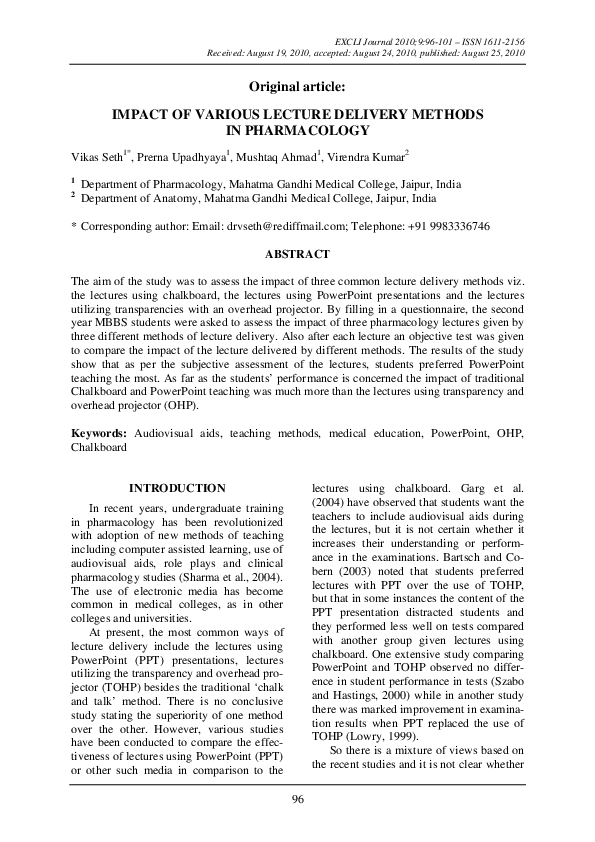 (PDF) Original article: IMPACT OF VARIOUS LECTURE DELIVERY METHODS IN ...