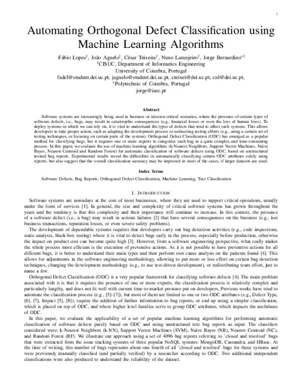 (PDF) Automating orthogonal defect classification using machine learning algorithms