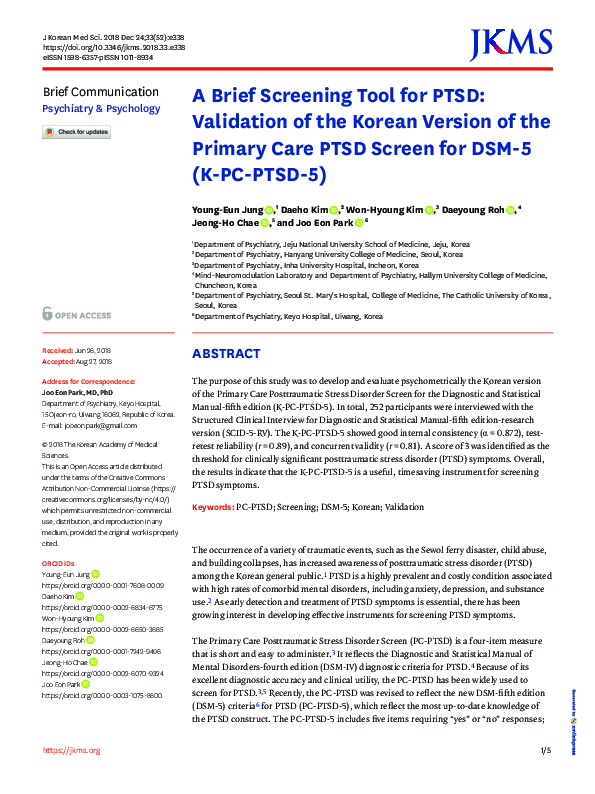 (PDF) A Brief Screening Tool for PTSD: Validation of the Korean Version of the Primary Care PTSD ...