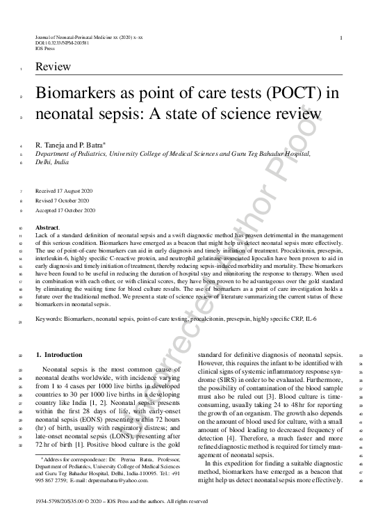 (PDF) Biomarkers as point of care tests (POCT) in neonatal sepsis: A ...