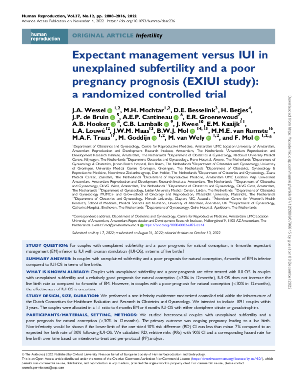 (PDF) Expectant management versus IUI in unexplained subfertility and a ...