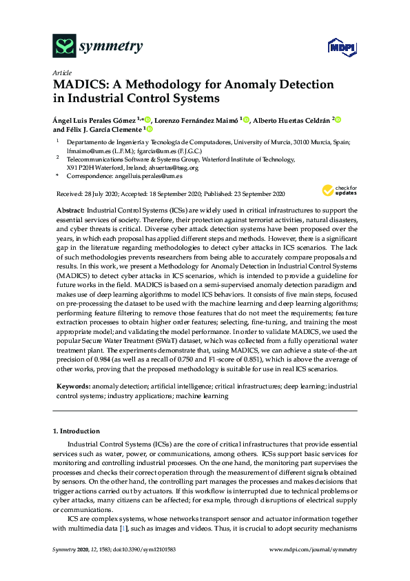 (PDF) MADICS: Anomaly Detection Methodology for Industrial Control Systems